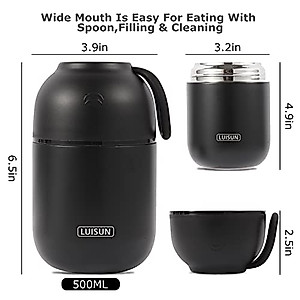 Luisun 17 Oz Insulated Food Thermos Soup Thermos for Hot Food Kids Adults, 304 Stainless Steel Food Container with Folding Spoon, Vacuum Insulated Portable for School, Office, Outdoor (Black)