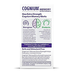Natrol Cognium Memory Extra Strength Silk Protein Hydrolysate 200mg, Dietary Supplement for Brain Health and Memory Support, 60 Tablets, 30 Day Supply
