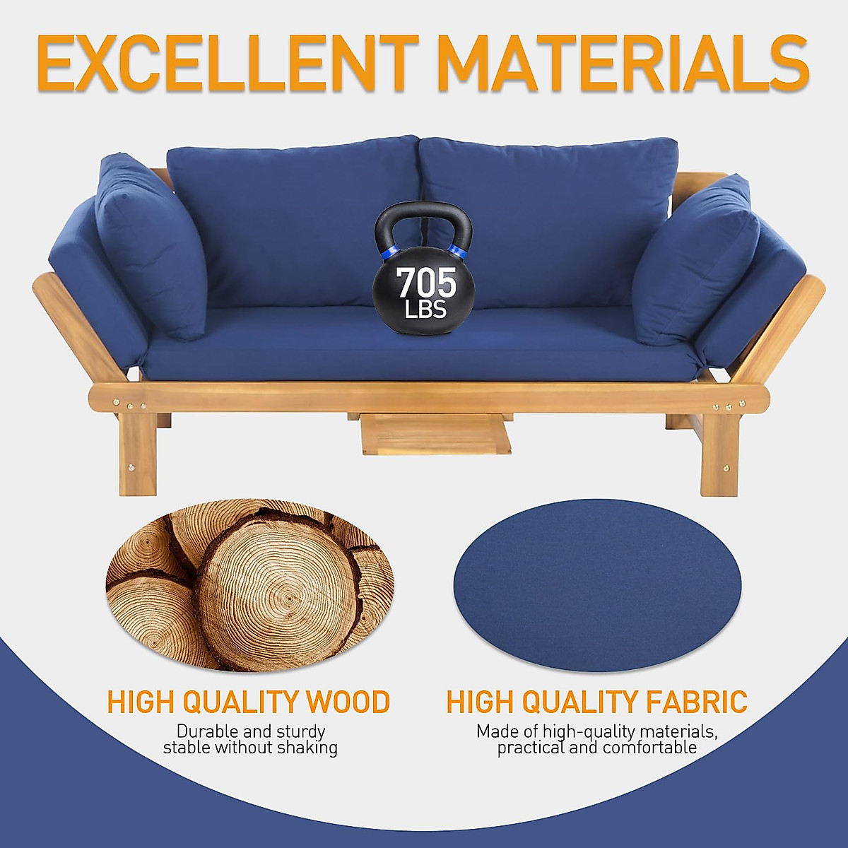 FDW Outdoor Patio Couch Daybed Sofa Loveseat Seating Outdoor Couch Daybed with Adjustable Armrest, Wooden Loveseat with Cushion and Pillow and Expandable Plate