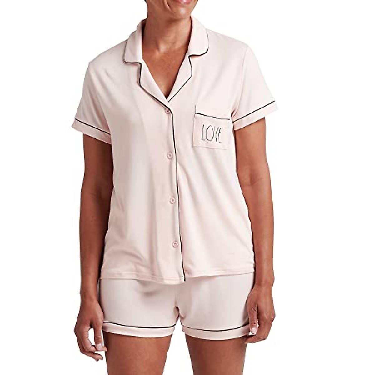 Rae Dunn Women's Pink LOVE Short Sleeve Button Up Notch Collar Shirt with Pocket and Shorts Pajama Set, Small