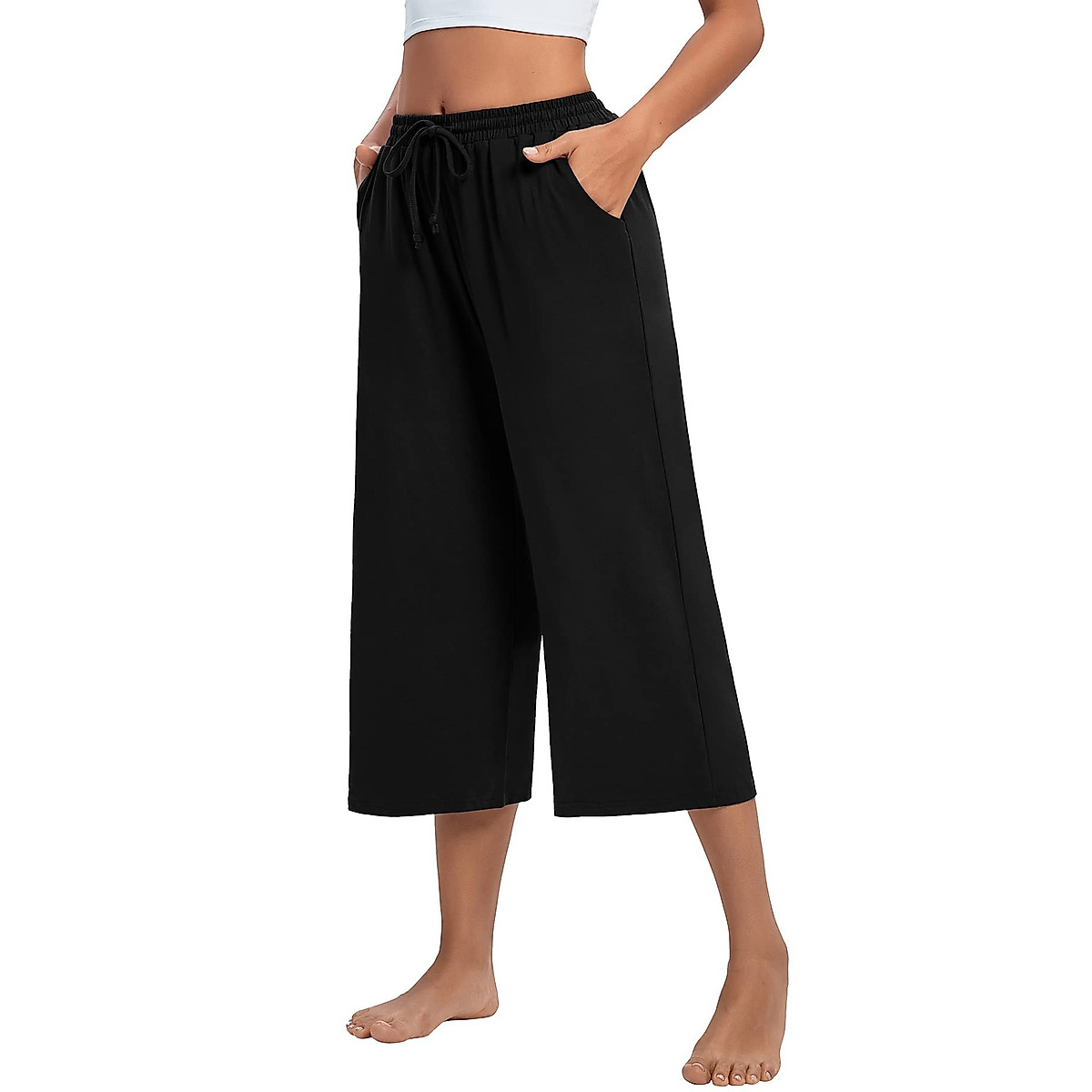 ASIMOON Capris for Women Loose Wide Leg Shorts Yoga Cropped Pajama Pants Pull on Summer Lounge Pants Culottes with Pockets
