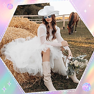 Panitay 14 Pcs Bridal Cowgirl Party Set Bachelorette Feather Cowgirl Cowboy Hat Heart Shaped Sunglasses Fringes Hat Bride Cowboy Hat for Women Wedding Bachelorette Birthday Costume Party Last Disco