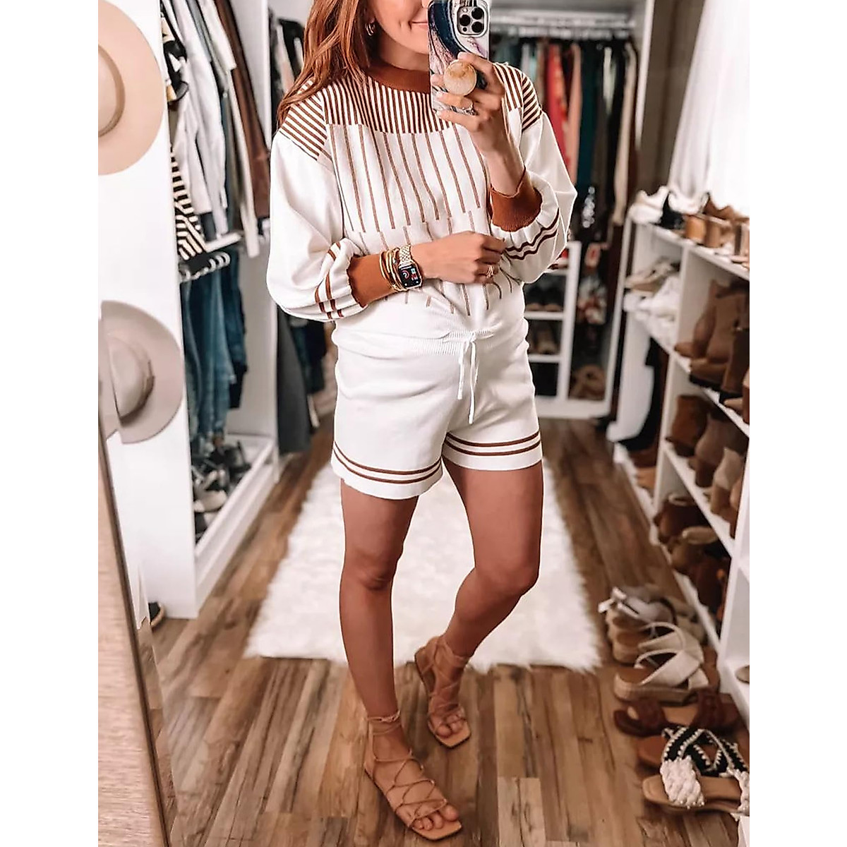 Gihuo Women' s Striped 2 Piece Outfits Crewneck Knit Pullover Sweater Shorts Set Wide Leg Matching Set Loungewear(Brown-M)