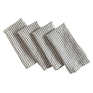 Linen Napkins – 100% French Flax – Stonewashed Pure Linen Cloth Napkins – Mitered Corners – Set of 4 (Gray/White Stripe)