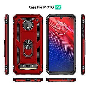 Military Grade Drop Impact for Motorola Moto Z4 Case,Moto Z4 Play Case 360 Metal Rotating Ring Kickstand Holder Magnetic Car Mount Armor Heavy Duty Case Z4 Z4 Play Z4 Force Phone Case (Red)