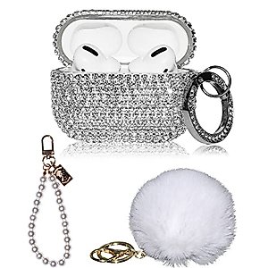 4in1 Bling AirPod Pro Case Diamonds Cover Set Kit, Luxurious Rhinestone PC for AirPods Pro Case Accessories for Women Girl w/Cute Fur Ball Pompom Keychain/Crystal Bracelet/Lobster Clasp Keychain