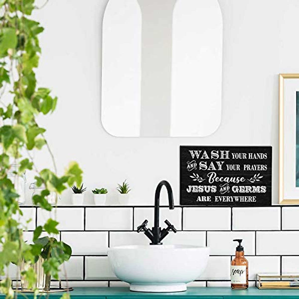 Jetec Farmhouse Bathroom Sign Wash Your Hands and Say Your Prayers Everywhere Rustic Wooden Wall Box Sign Funny Wall Plaque Table Decor for Home Room Office 7.87 x 5.1 Inch