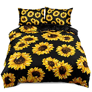 Holiyjog Sunflower Duvet Cover Set Queen Size Sunflowers on Black Background Bedding Set Comforter Cover and Pillow Shams Yellow Sunflowers Bedding Set Sunflower Decor for Bedroom