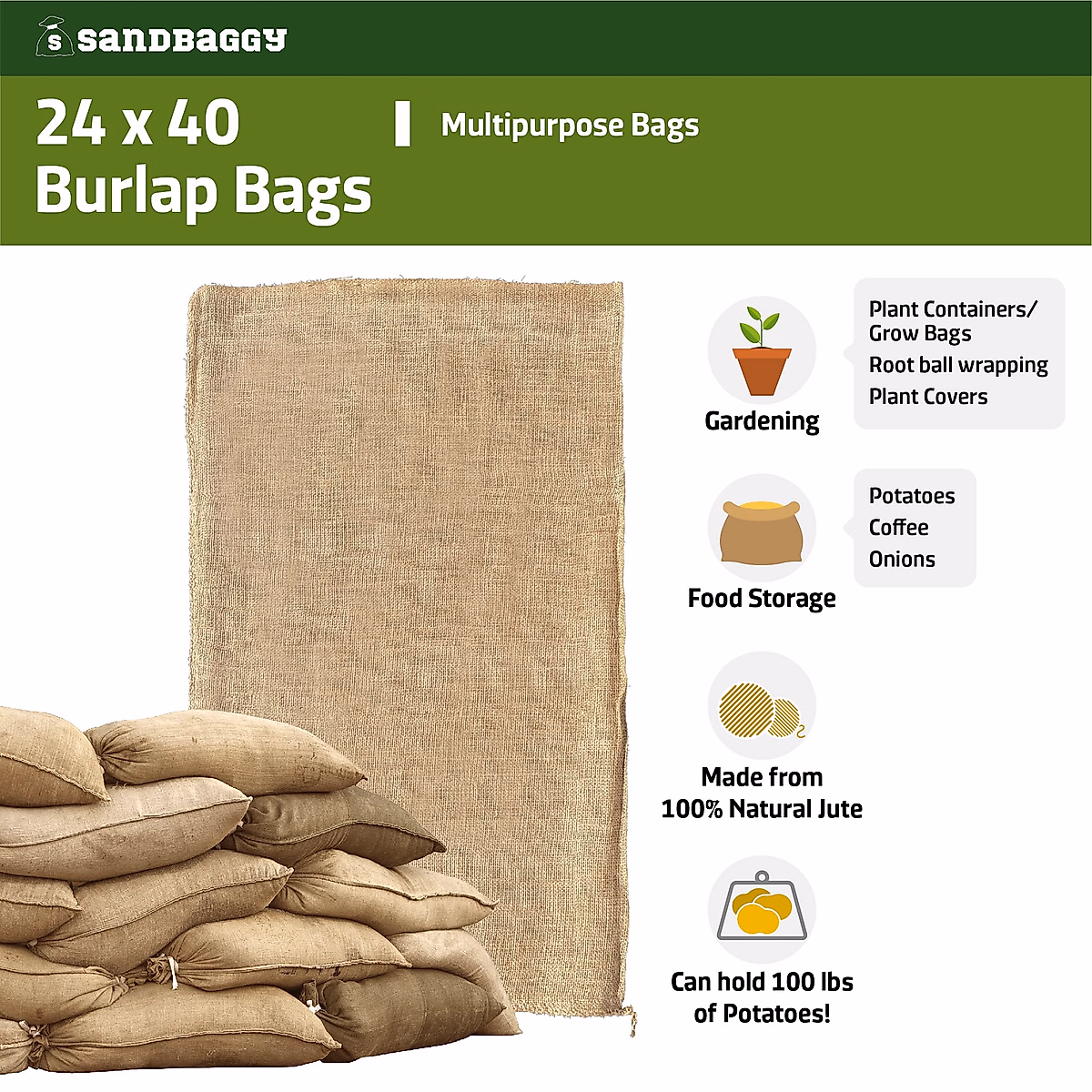 Sandbaggy - Large Burlap Bags 24" x 40" - Burlap Sack Race Bags for Kids & Adults - Premium Quality Burlap Bags for Vegetables- Bad Weather/Frost Protection - Pack of 4 - Great as Potato Sacks