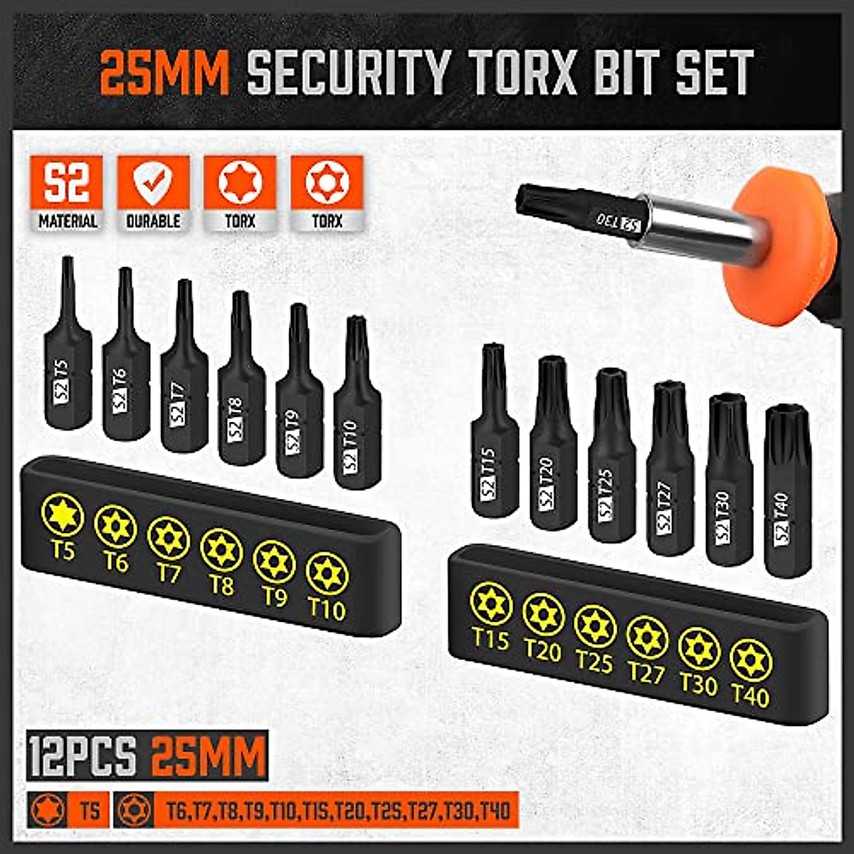 HORUSDY 24-Piece Tamper Resistant Star Bits, S2 Alloy Steel, 1" and 2.3" Long T5 - T40 Security Torx Bit Set.
