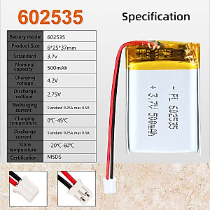 Diginex AKZYTUE 3.7V 500mAh 602535 Lipo battery Rechargeable Lithium Polymer ion Battery Pack with PH2.0mm JST Connector