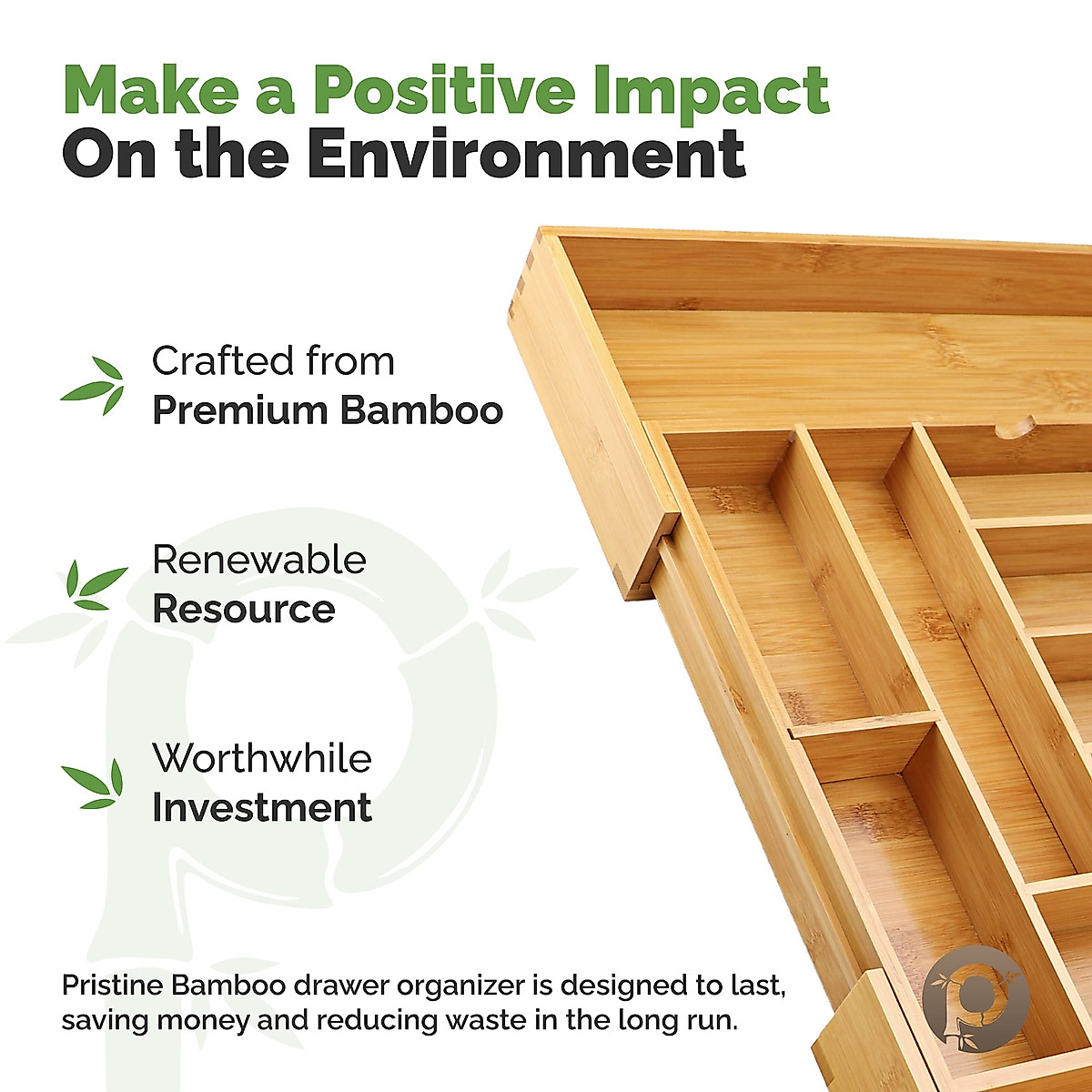 Pristine Bamboo Silverware Organizer - Expandable Kitchen Drawer Organizer - Adjustable Kitchen Drawer Organizer for Utensils, Expandable to 25 Inches Wide, 10 Compartments, Silverware Tray for Drawer