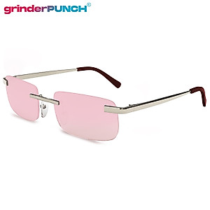 grinderPUNCH Small Slim 90's Popular Nineties Rectangular Sunglasses Clear Rimless Eyewear (Silver Frame - Pink)