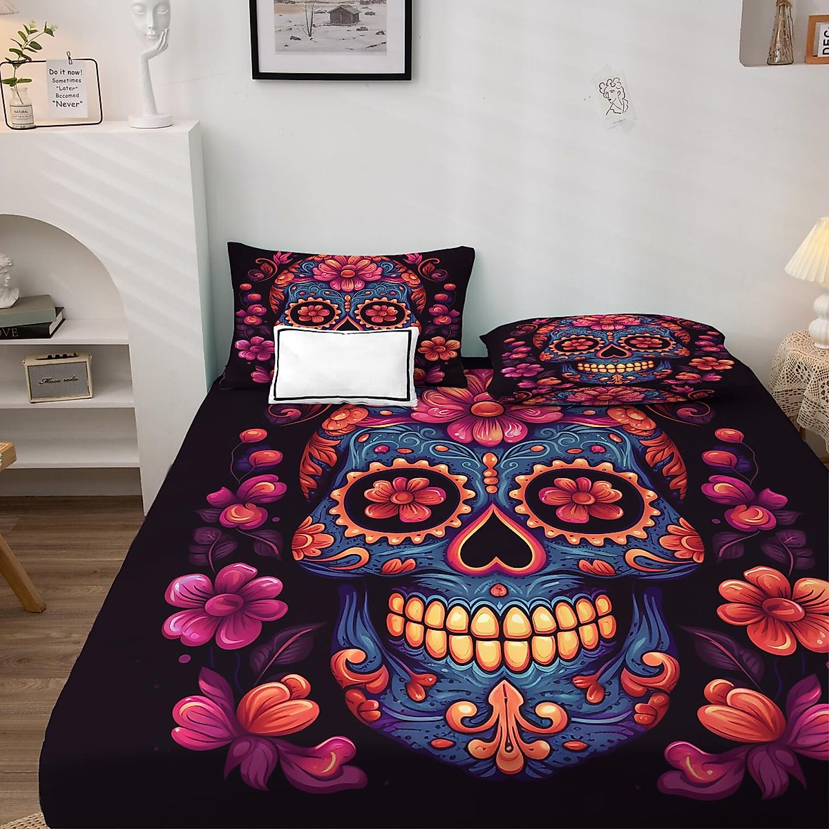 Sugar Skull Sheets Twin Size, Day of The Dead Bed Sheets, Patterned Bedding Sheets & Pillowcases 3 Piece Set - Soft Microfiber Deep Pocket Fitted Sheet & Flat Sheet & Pillow Case Z3-&-160