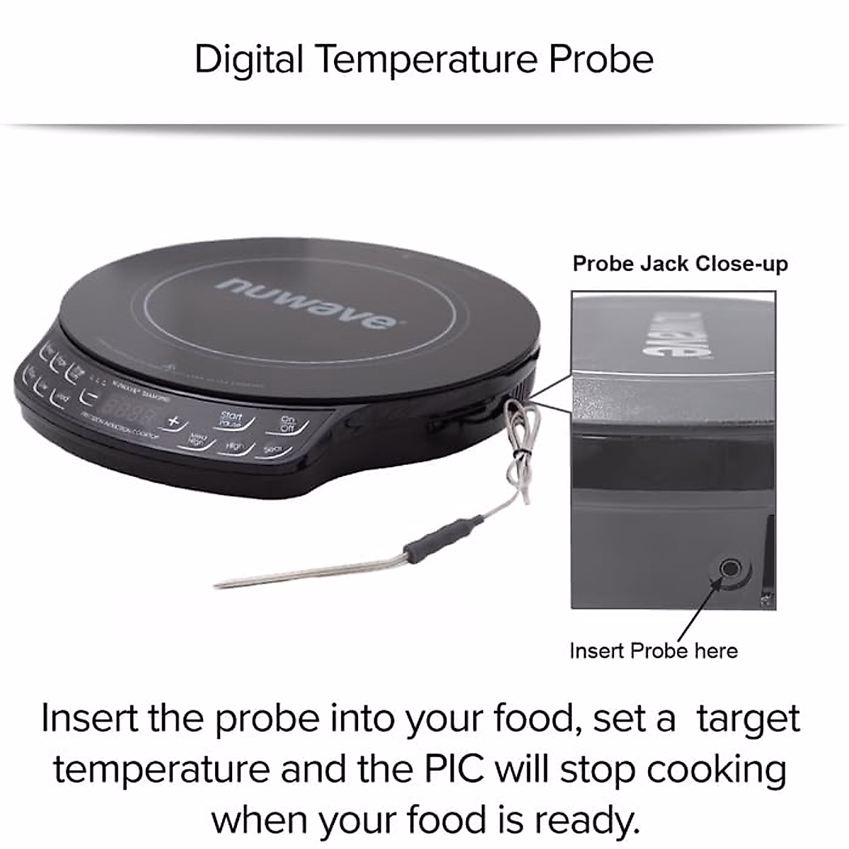Nuwave Diamond Induction Cooktop, New & Improved Electric Burner with Probe, 91 Temps 50°F to 500°F, 6.5” Heating Coil, Shatter-Proof Ceramic Glass, 3 Wattage Settings, Ideal for Dorms, RVs & Apts