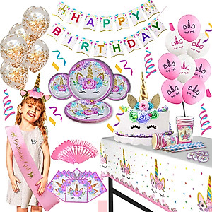 Unicorn Party Supplies Set - Serves 24 - Including Birthday Banner ,Large Tablecloth, Plates, Cups, Napkins, Straws , Headband, Sash, Unicorn Balloons & Much More.