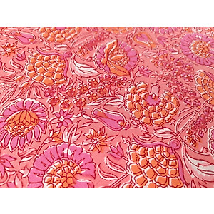AVKA Studio Hand Block Print Fabric by The Yard - PRECUT 1 Yard 42 Inch Width - 100% Cotton Material - Pink Floral Pattern - Light Weight Indian Cloth for Making Summer Dress Tops Indian Fabric etc