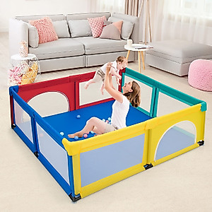 HONEY JOY Baby Playpen, Extra Large Baby Gate Playpen w/ 50 Ocean Balls, No Gaps Infant Safety Gates with Breathable Mesh & Zippered Door, Indoor Play Yards for Toddlers (Rectangle, Colorful)