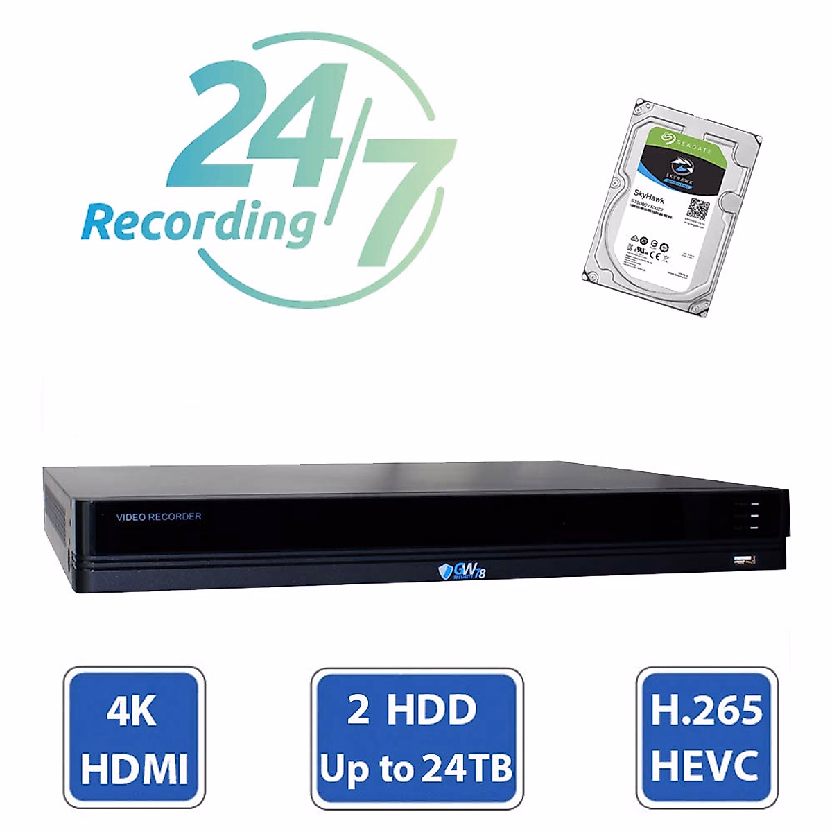 GW 12 Channel 2K NVR 2MP H.265+ Color Night Vision Human Detection Security Camera System - 12 x UltraHD 2K PoE IP Indoor Long Camera