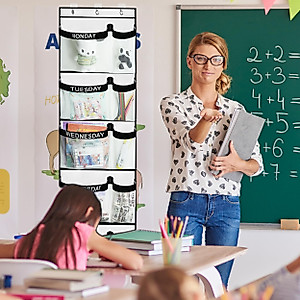 Weekly Kids Clothes Organizer Day of Week School, Over the Door Clothing Storage Organizer from Monday to Friday, Hanging Closet Organizer wtih 3 Metal hooks and 3 adhesive hooks for Nursery, Bedroom