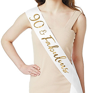 "90 and Fabulous" Sash & Rhinestone Tiara Set - 90th Birthday Gifts Birthday Sash for Women Birthday Party Supplies (White/Gold)