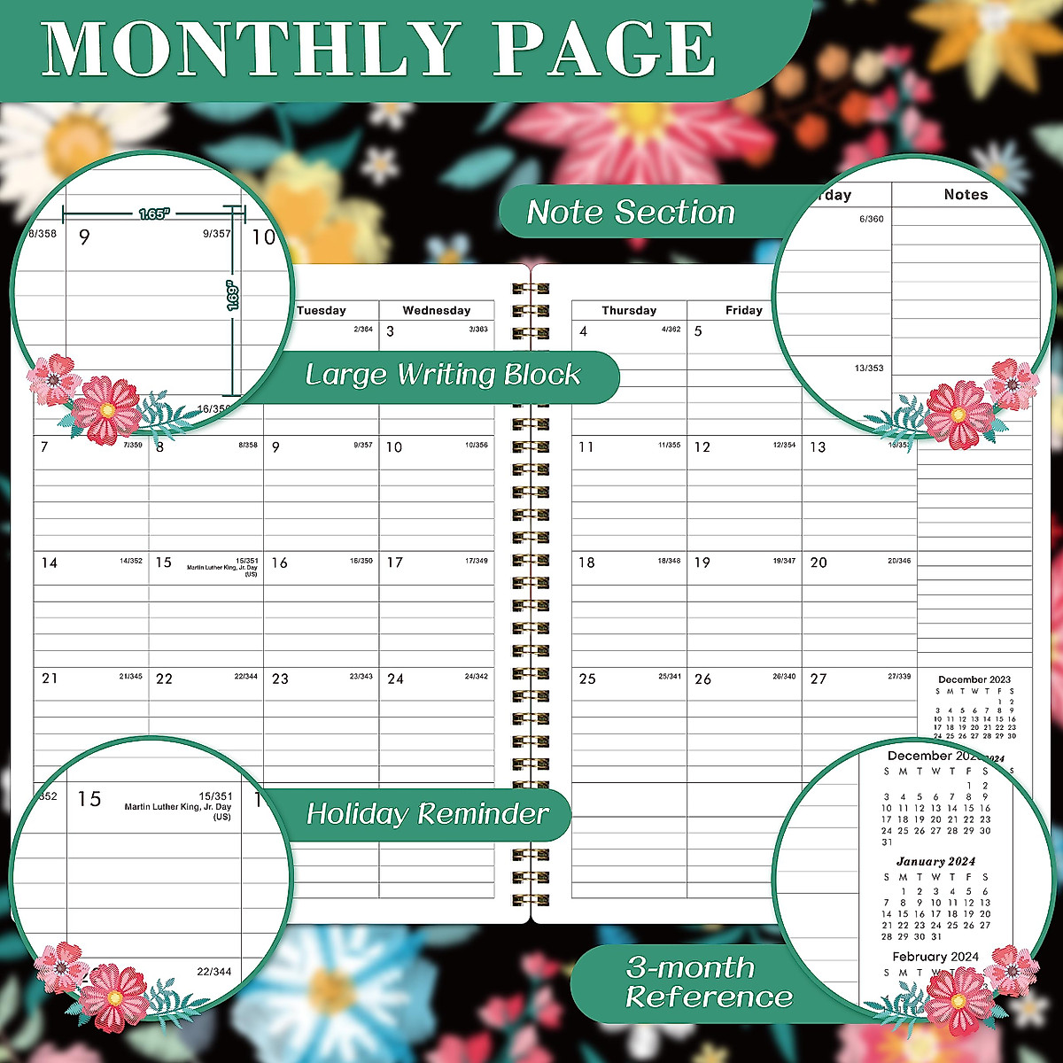 2024 Planner - Planner 2024, January 2024 - December 2024, 8" x 10", Weekly Monthly Planner 2024 with Printed Tabs, Flexible Cover, Twin- Wire Binding