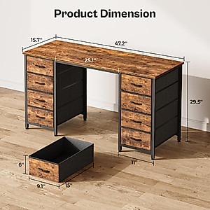 Huuger 47 Inch Computer Desk with 8 Drawers, Office Desk Work Desk for Home Office, Study, Gaming Desk with Fabric Drawers, Large Storage, Rustic Brown