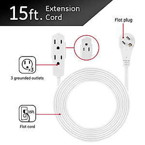 GE 3-Outlet Flat Extension Cord 15 Ft Grounded Extension Cord with Multiple Outlets 3 Prong Outlet Extender Flat Plug Power Strip Indoor Extension Cord 16 Gauge UL Listed White 56986
