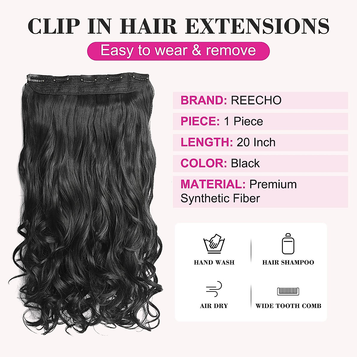 REECHO 20" 1-Pack 3/4 Full Head Curly Wave Clips in on Synthetic Hair Extensions HE008 Hairpieces for Women 5 Clips 4.5 Oz per Piece - Natural Black