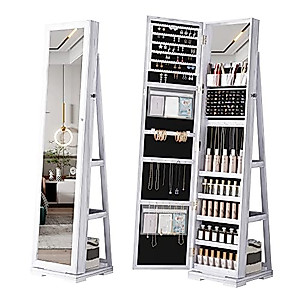 OUTDOOR DOIT 360° Rotating Jewelry Armoire with Lockable Full Length Mirror Large Capacity Jewelry Organizer Armoire, Lockable Floor Standing Mirror with Back Storage Shelves for Bedroom, Cloakroom