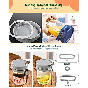 Kryhonva 2 Pack Glass Overnight Oats Container with Lids and Spoon, Overnight Oats Jars with Measurement Marks, Mason Jars for Milk, Vegetable and fruit Salad Storage Container (White+Pink)