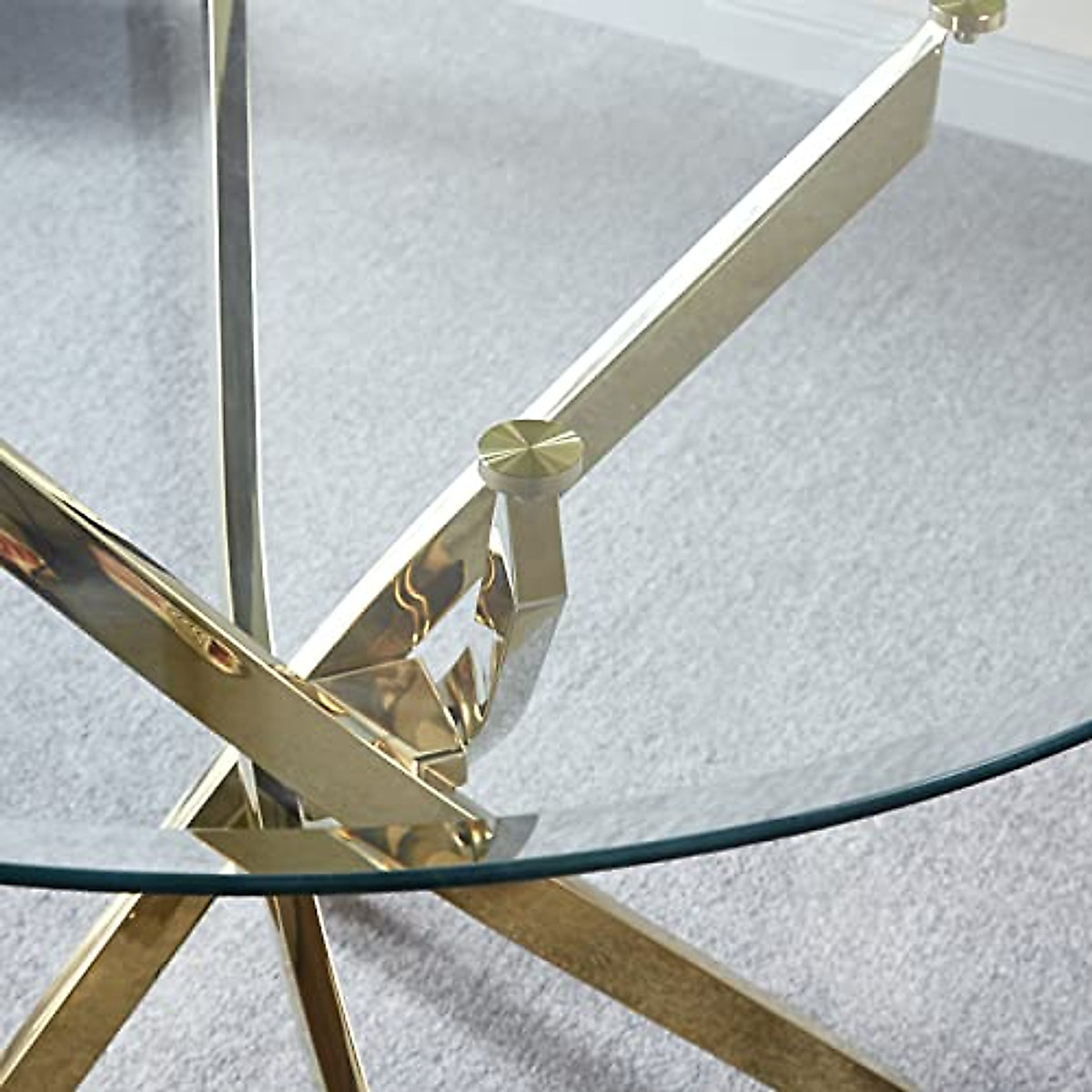 Henf Modern Glass Round Top Dining Table with Gold Metal Legs, Contemporary Circle Tempered Glass Dining Table with Stainless Steel Base for Home Office Kitchen Dining Room (Table Only)