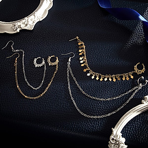 6 Pieces Nose Rings Hoop Chain Diamond-studded Double-layer Nose Chain Septum Non Piercing Nose Hoop Ring Chain Dangle Earrings for Women Girls