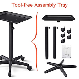 TASALON Salon Tray on Wheels - Aluminum Instrument Tattoo Tray- Adjustable Salon Service Rolling Tray Hairstylist for Dental, Hairdresser Cart with Wheels - Hairstylist Cart - Black