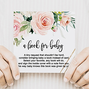 Graceful Floral Books for Baby Shower Cards - 25 Pack - Invitation Inserts for Girls - Bring a Book Instead of Cards Poem - Cute Storybook Theme Ideas