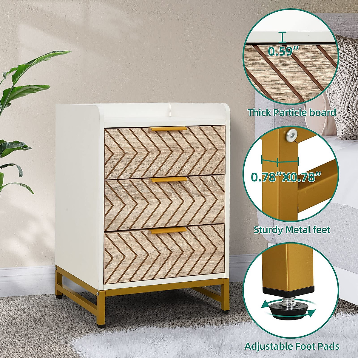 YITAHOME Nightstand with 3 Drawers, Modern Bedside Table with Chevron Design and Gold Metal Legs, Small End Side Table, Night Stands with Lip, for Bedroom, Set of 2