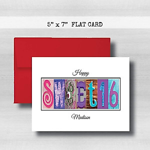 Sweet 16 Happy Birthday Card, 5" x 7" FLAT CARD, Personalized Greeting Cards