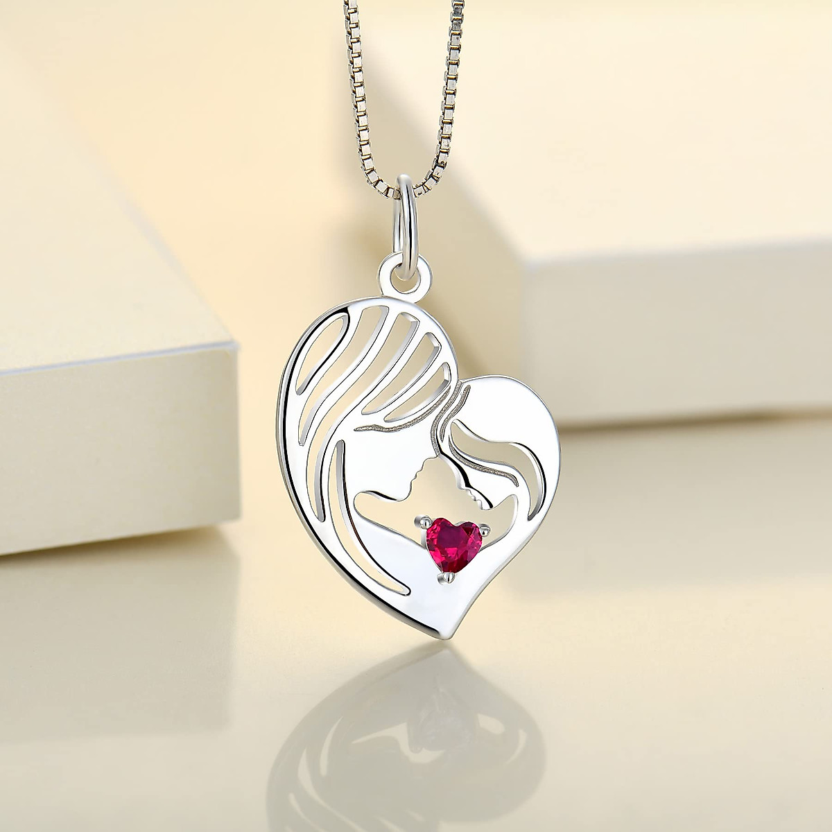 YL Mother and Daughter Necklace 925 Sterling Silver Mum Hold Child Heart Pendant Created Ruby Necklace Gifts for Moms