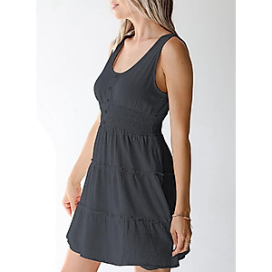 Dokotoo Beach Vacation Clothes for Women 2025 Summer Sun Dress Smocked Empire Waist Ruffle Tiered Casual Mini Button Down Dresses Sexy T Shirt Short Dress Boho Sundress Cruise Outfits Grey Medium