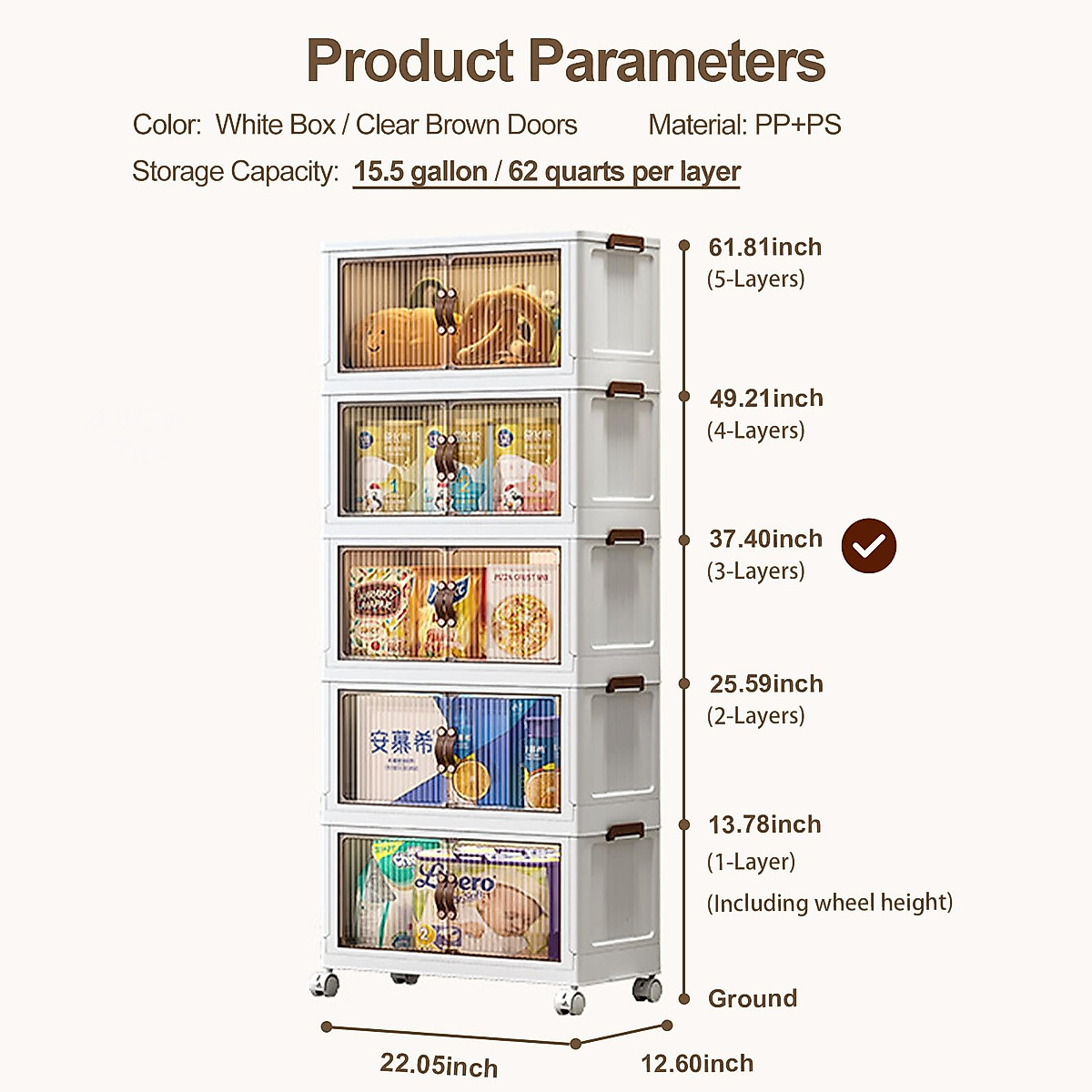 Fangtueh 15.5Gal Plastic Storage Bins with Lids, 3Pack Stackable Closet Organizers and Storage, Collapsible Storage Bins with Magnetic Doors, Folding Storage Box with Wheels for Home College Dorm Room