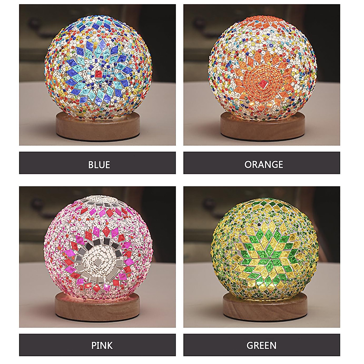 HAIDOLIANG Turkish Table lamp (D:4.7" x H:5.2"),Mosaic Glass Lamps with Wooden Base, Bohemian Tiffany Bedside Lamps, USB Power Supply Moroccan Lantern for Living Room Halloween Decorations