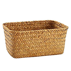 Seagrass Woven Basket, Small Storage Basket Rectangular Organizer Tray Decorative Shelf Basket Weave Sundries Container Desktop Basket for Makeup, Clothes, Toys, Stationery (M)