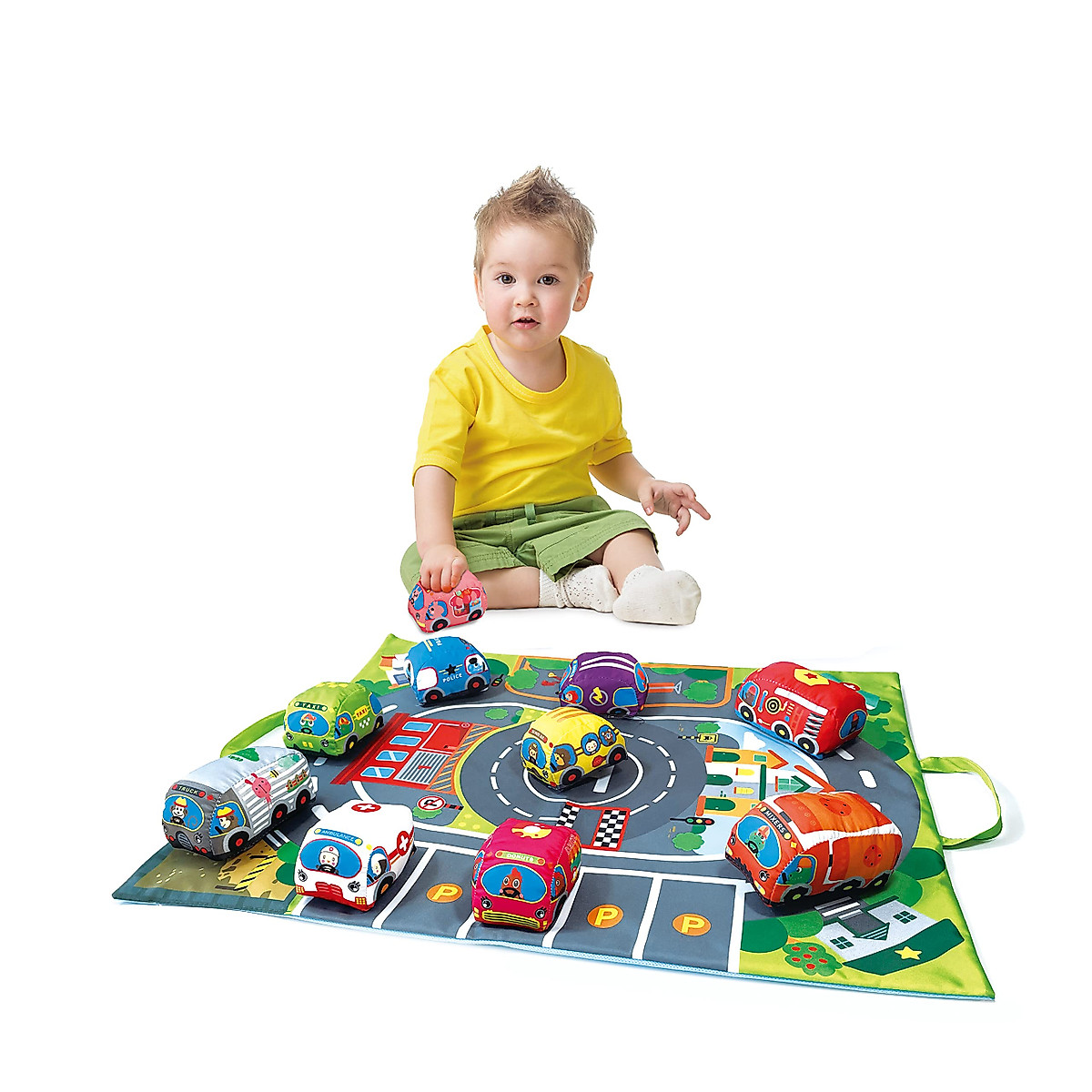 Soft Car Toy Set with Play Mat for 1 Year Old Baby, 10 Vehicle, 1 Play Mat Storage Bag, Baby Toys 12-18 Months, Early Educational Toys Birthday Gift, Toys for 1 2 3 Year Old Toddlers Boys Girls