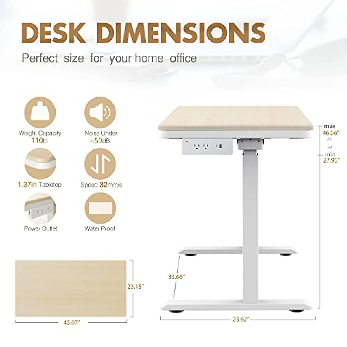 ERGOMORE Standing Desk with Drawer, 45 x 23 Inches Touch Control Adjustable Height Desk with Power Outlet, USB Ports & Wireless Charging, Dual Motor Sit Stand up Desk for Home & Office (Maple)