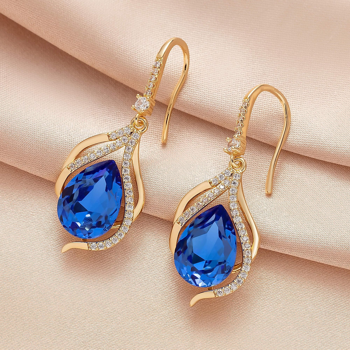 Austrian Crystal Hollow Teardrop Halo Drop Dangle Earrings for Women 14K Rose Gold Plated Hypoallergenic Jewelry (Bermuda Blue)