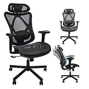 Mesh Office Chair, Ergonomic Office Chair with Adjustable Lumbar Support, Armrest, Headrest - Tilt High Back Desk Chair with Mute Wheel for Office, Home, Gaming