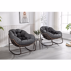 Patio Outdoor Rocking Chair Set of 2, Indoor Rattan Rocker Egg Chair, Comfy Oversized Papasan Chair with Thicker Cushion for Patio, Front Porch, Backyard, Garden, Balcony, Lounge, Living Room, Grey