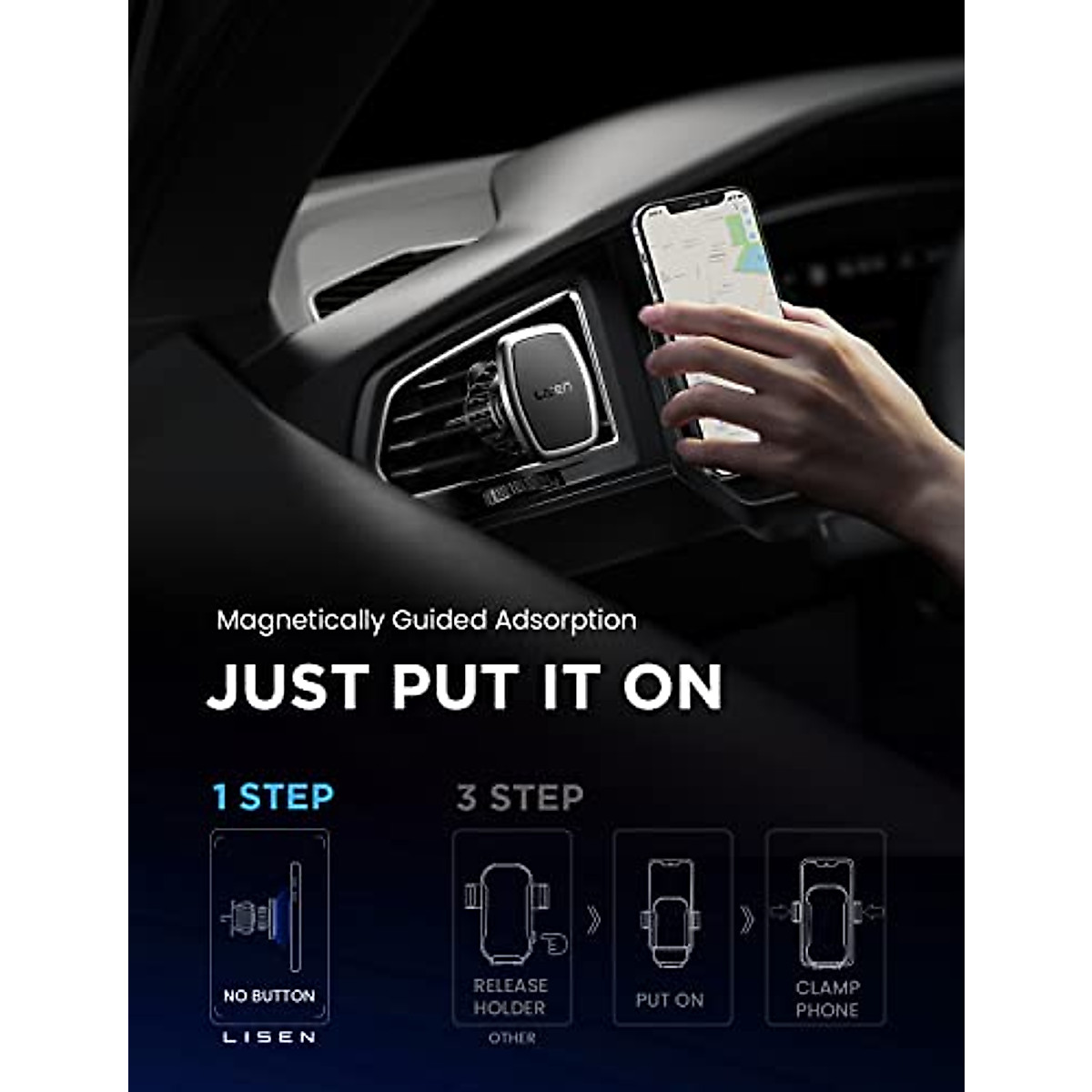 LISEN 2 Pack Magnetic Phone Holder for Car Mount 6 Military Magnets Car Phone Holder Mount Hands Free Vent Cell Phone Holder Mount for Car 6 Metal Plates Fit All iPhone 14/13/12/11, Pro Max, Android