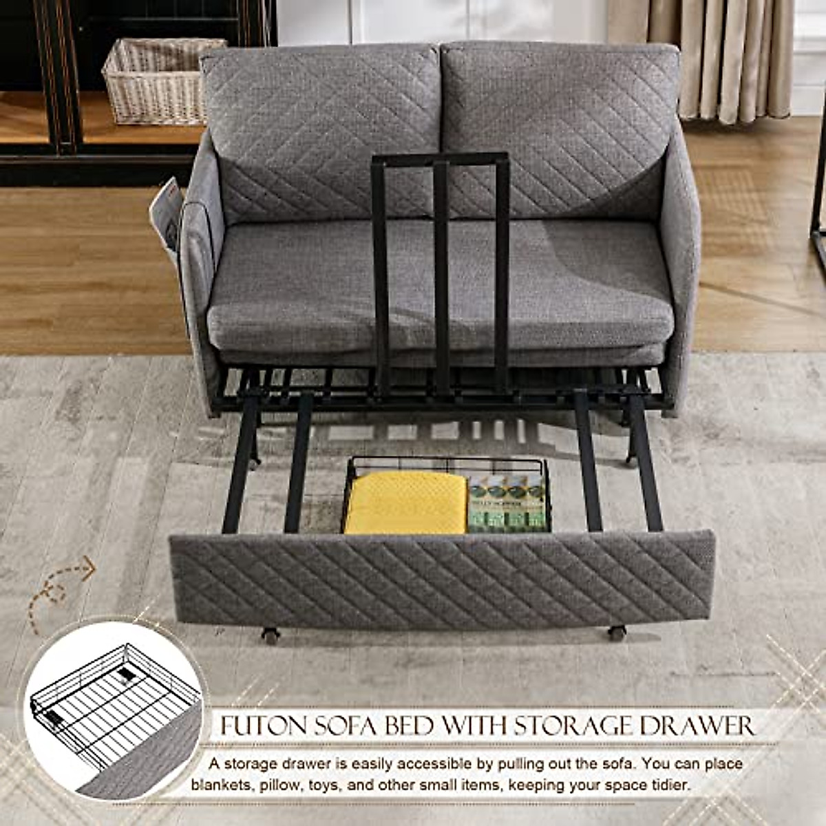 Pull Out Futon Sofa Bed, Convertible Small Loveseat Sleeper with Storage Drawer, 3 in 1 Futon Couch with Removable Pocket and 2 Pillows, Modern Love Seat for Living Room, Guest Room, Deep Grey