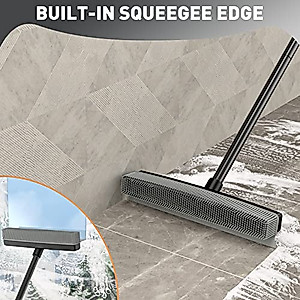 Sunally Rubber Broom Pet Hair Remover, Fur Remover Broom with Squeegee for Fluff Carpet, Hardwood Floor, Tile, Window, Black Grey, Includes Portable Lint Remover Brush and Broom Holder